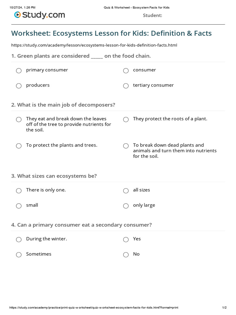 Ecosystem Worksheet | PDF
