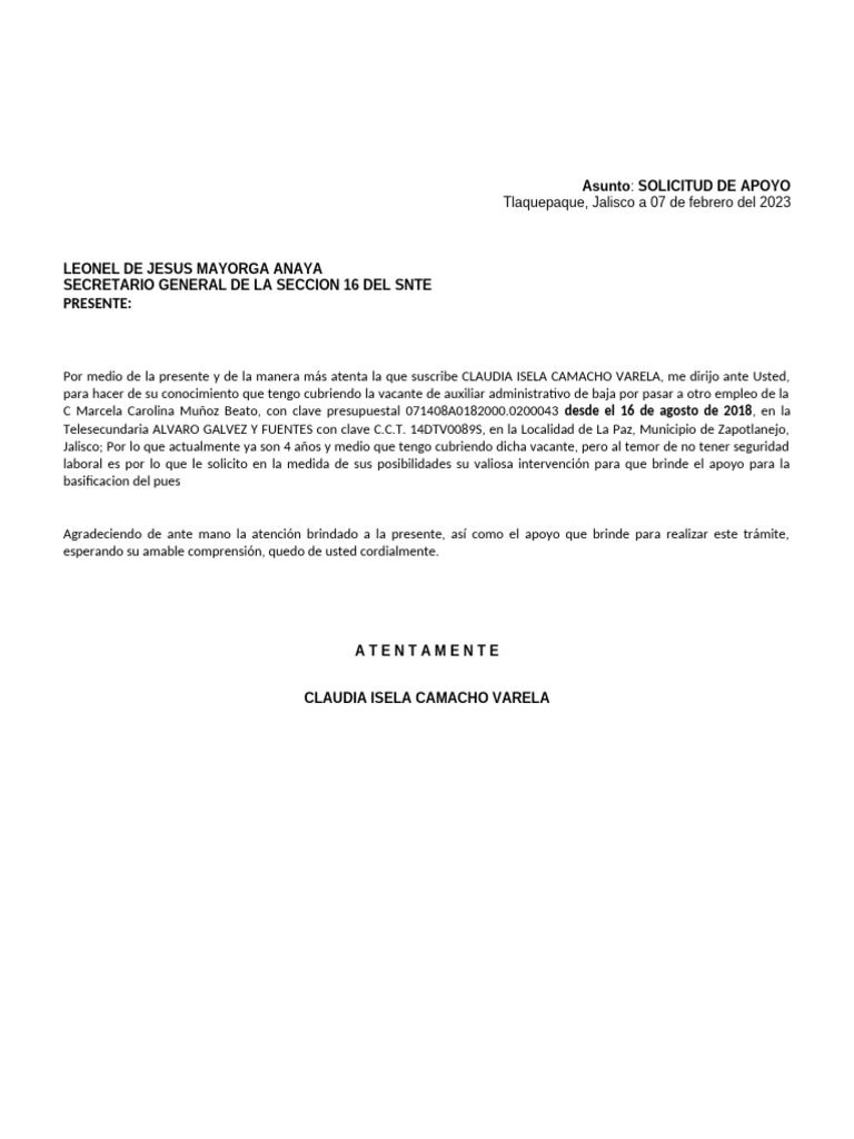 Solicitud de Apoyo Clau | PDF