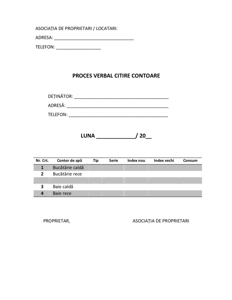 Proces-Verbal Citire Contoare (Apometre) | PDF