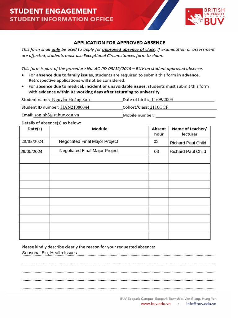 Absence Form - Nguyen Hoang Son - HAN21080044 | PDF | Justice | Crime ...