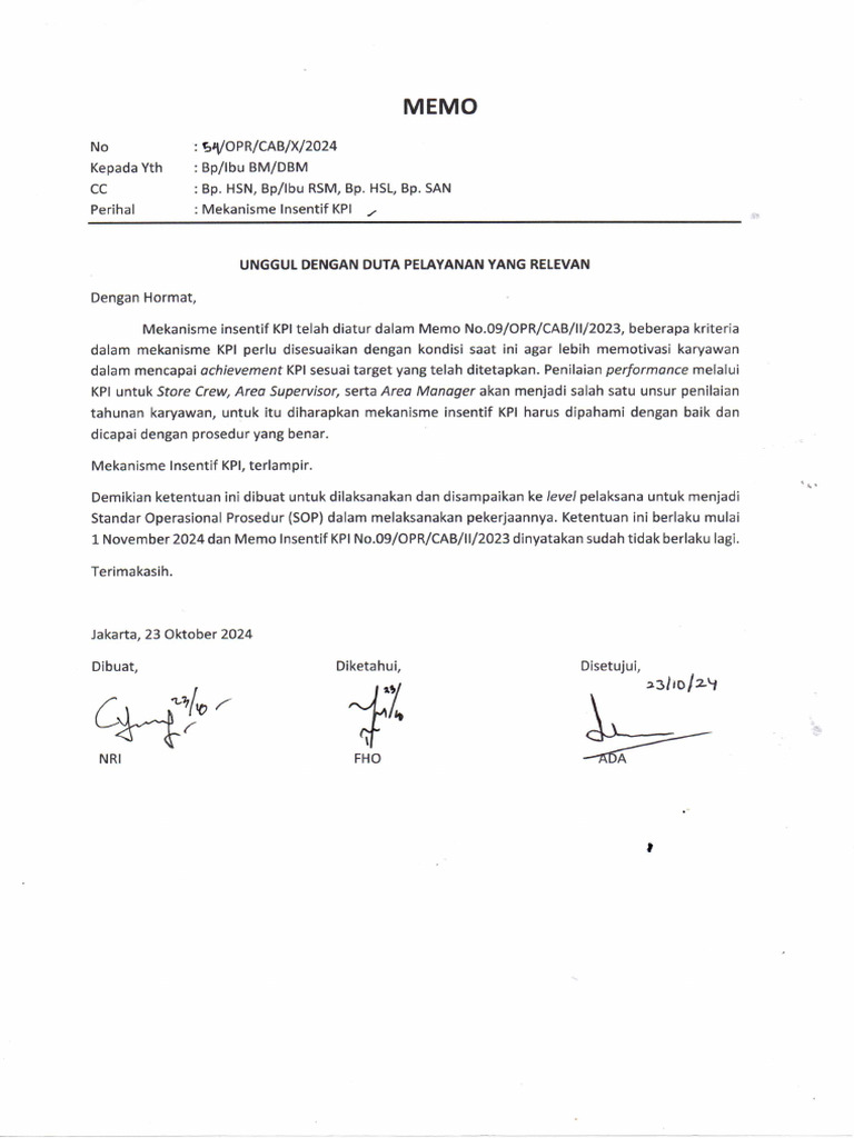 Memo No.54-OPR-CAB-X-2024 Mekanisme Insentif KPI | PDF