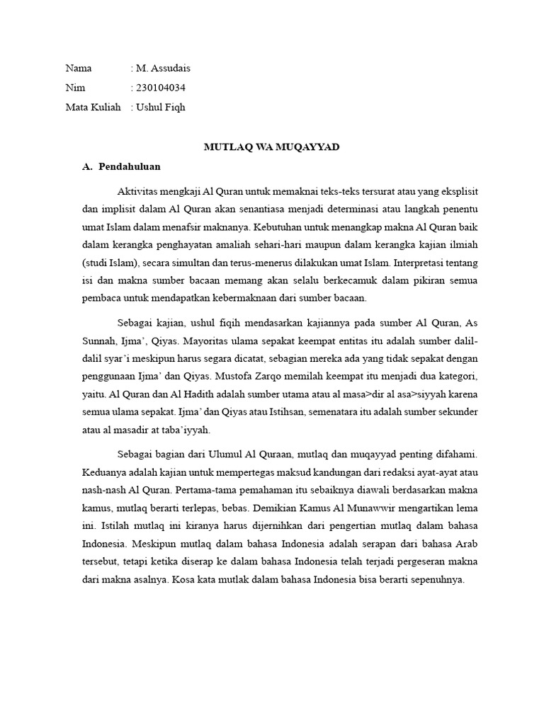 Pemahaman Mutlaq dan Muqayyad dalam Ushul Fiqh | PDF | Agama ...