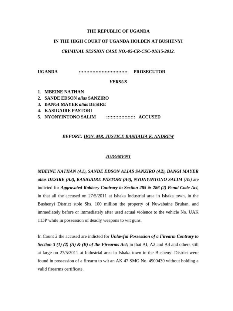 Uganda V Mbeine Ors 2013 Ughccrd 14 4 April 201 | PDF | Robbery ...