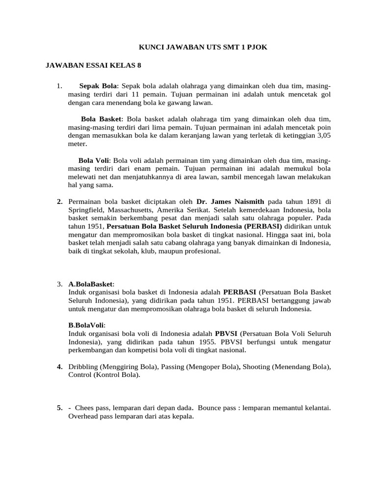 Kunci Jawaban Uts SMT 1 Pjok | PDF