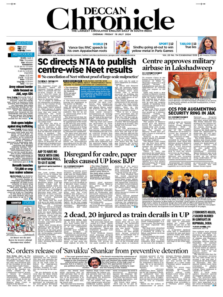 Deccan Chronicle Chennai 2024-07-19 | PDF | Bharatiya Janata Party | Detention (Imprisonment)