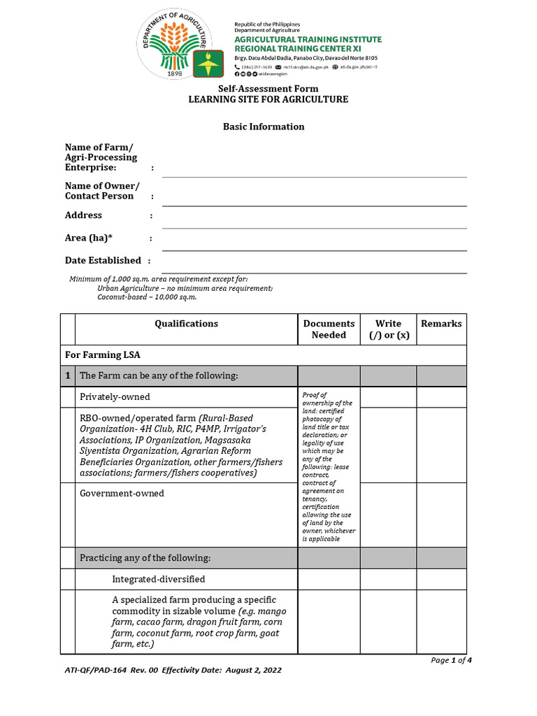 LSA I Self-Assessment Form for Agriculture | PDF | Farms | Agriculture