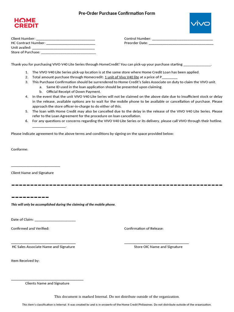 VIVO V40 Lite Series - Pre-Order Purchase Confirmation Form (1) | PDF | Business