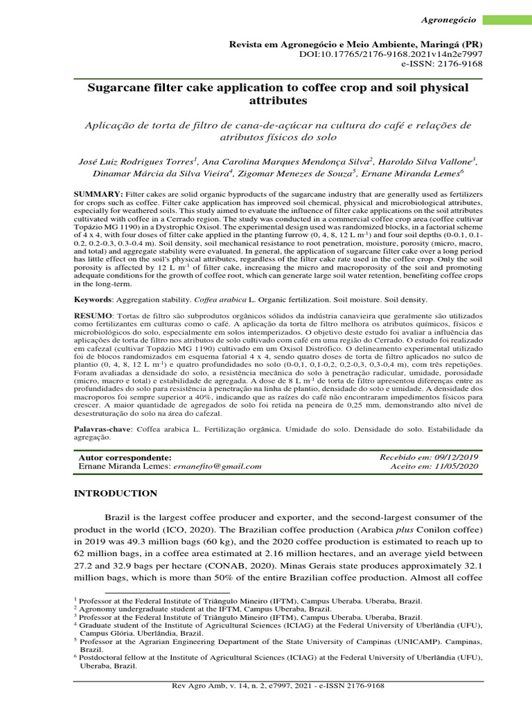 Sugarcane Filter Cake Application To Coffee Crop and Soil Physical ...