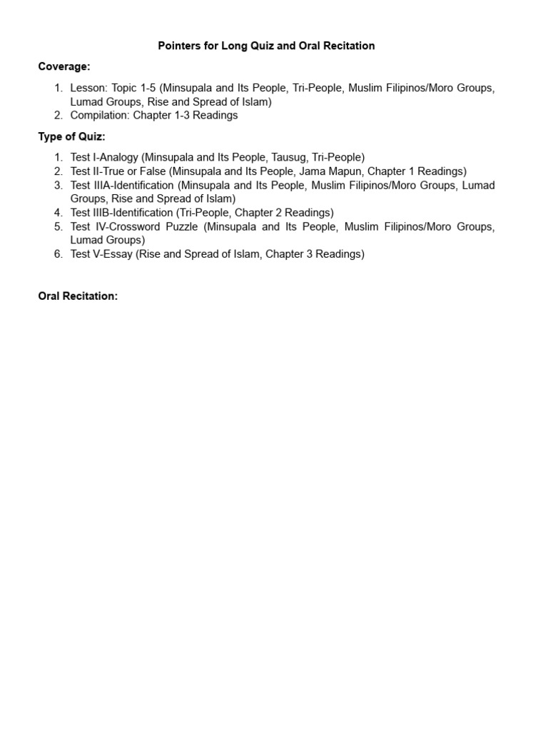 Pointers For Long Quiz and Oral Recitation | PDF