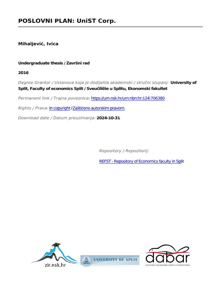 POSLOVNI PLAN UniST Corp | PDF