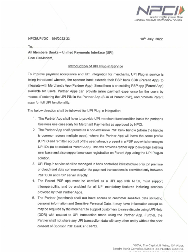 UPI OC 154 Introduction of UPI Plug in Service | PDF