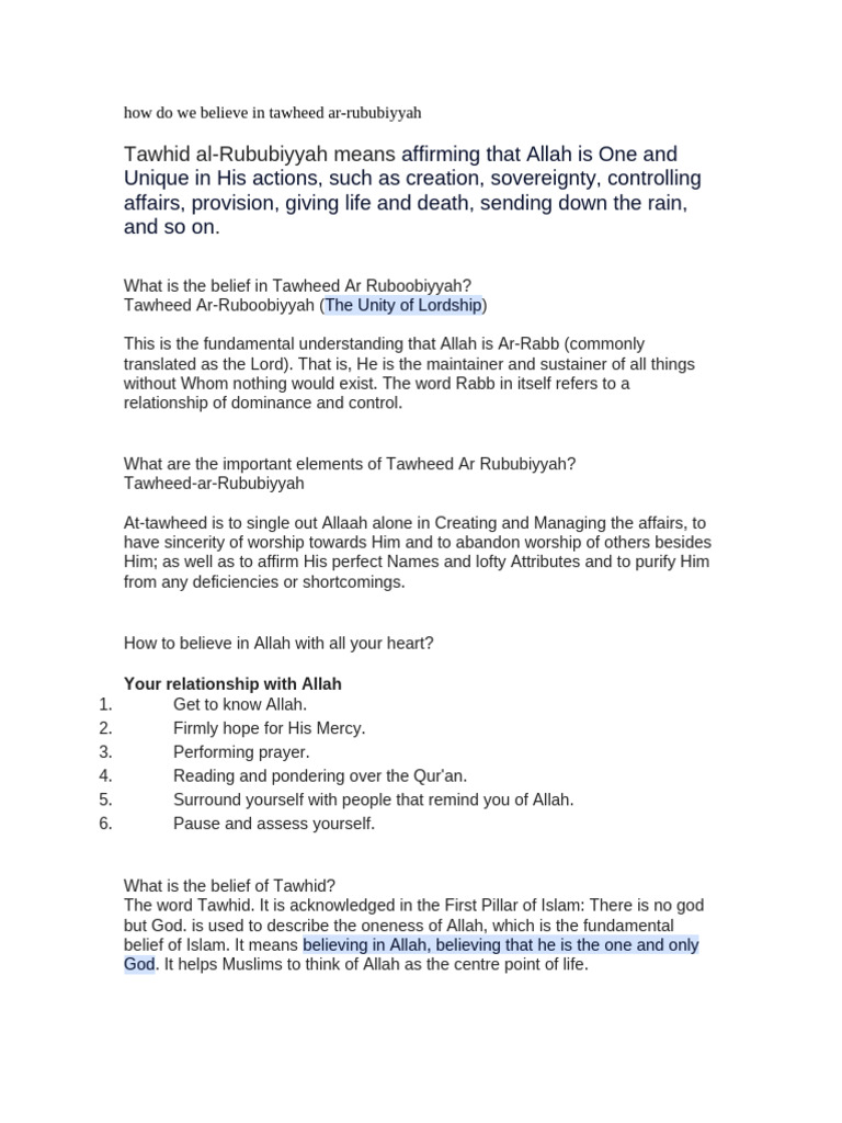 Believe in Tawheed Ar-Rububiyyah | PDF