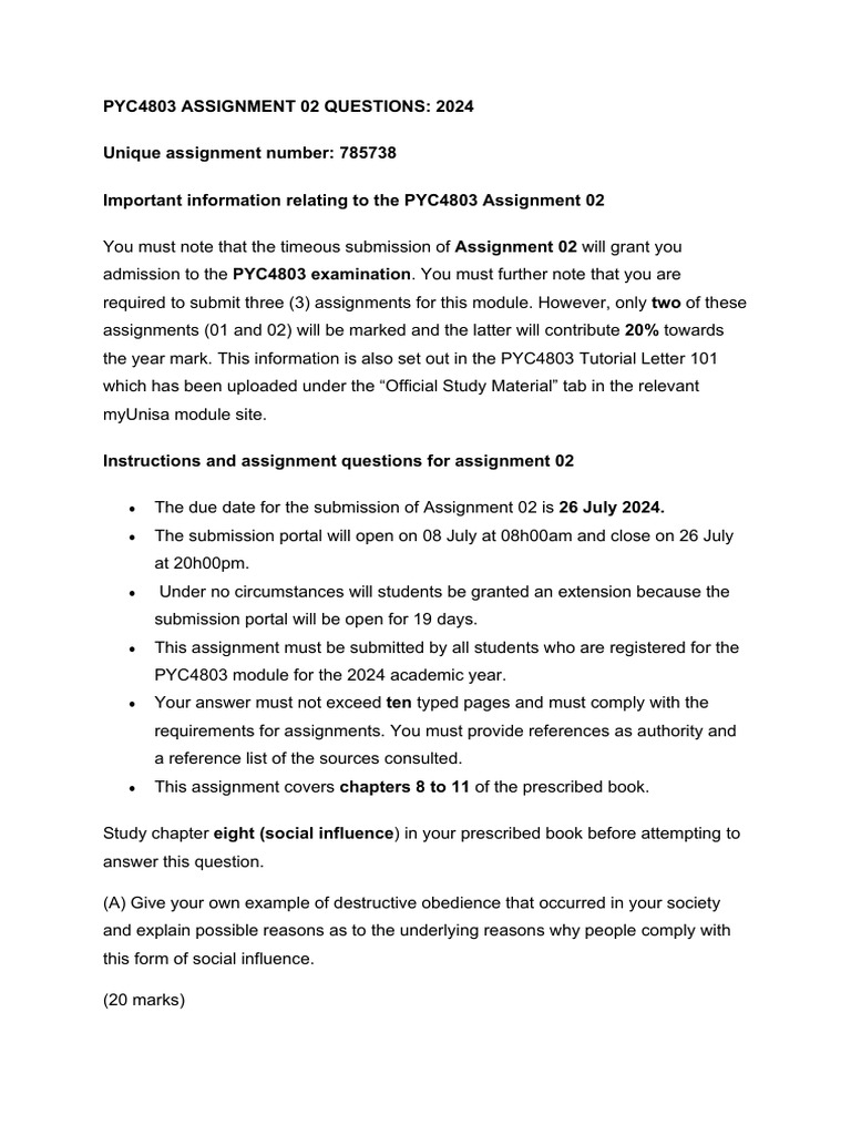 Pyc4803 Assignment 02 Questions - 2024 | PDF | Empathy | Aggression