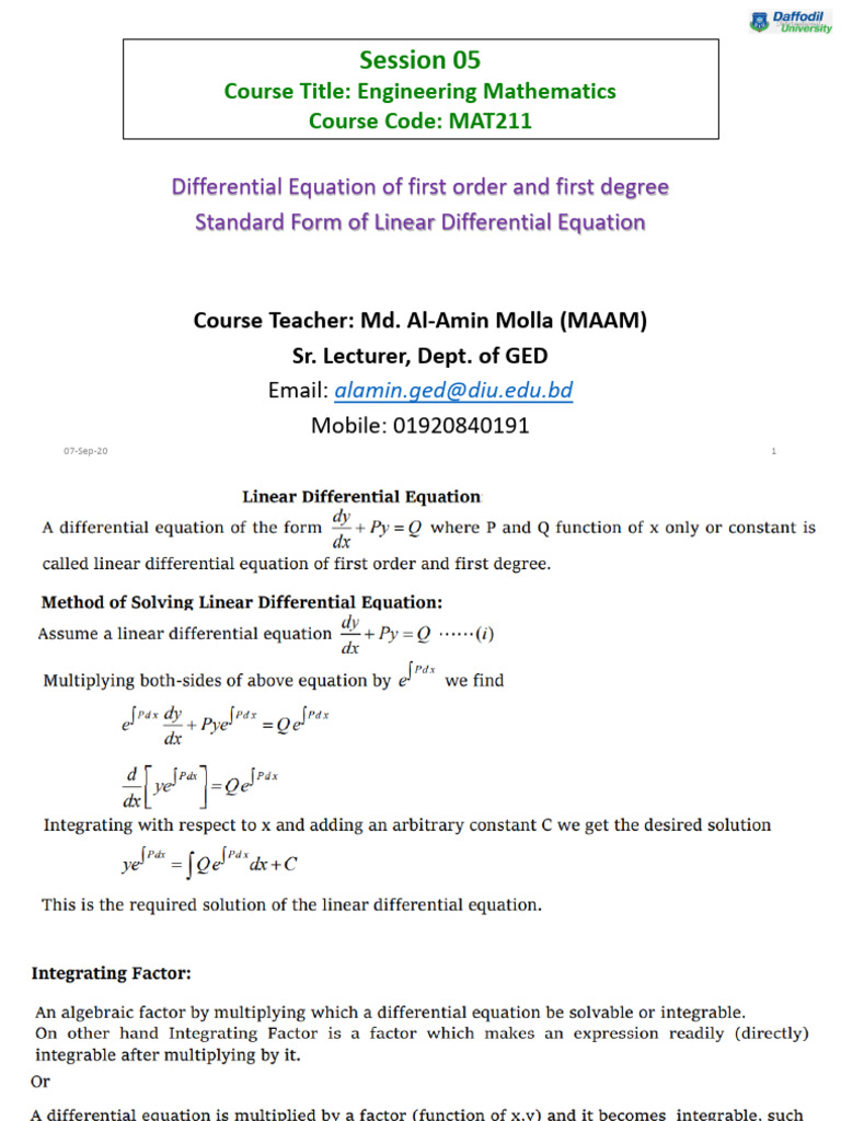 Session 05-Standard Form of Linear DE-MAAM | PDF
