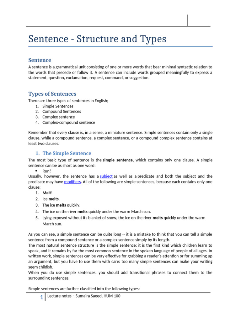 Lecture 3 - Sentence Structure and Types | PDF | Sentence (Linguistics ...