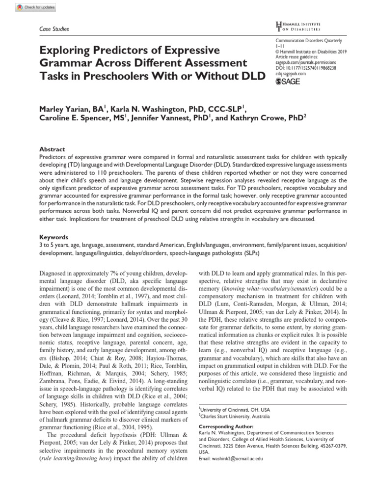 Exploring Predictors of Expressive Grammar Across Different Assessment Tasks in Preschoolers ...