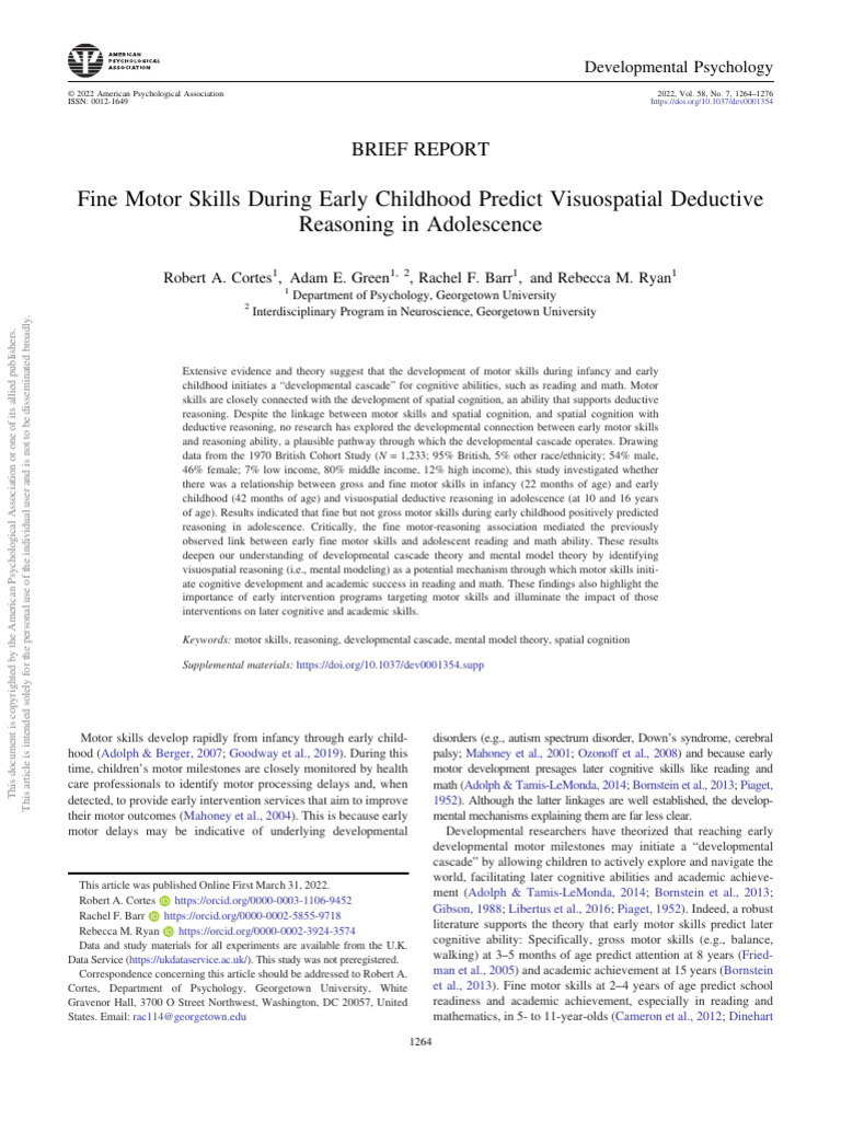 Fine Motor Skills During Early Childhood Predict Visuospatial Deductive Reasoning in Adolescence ...