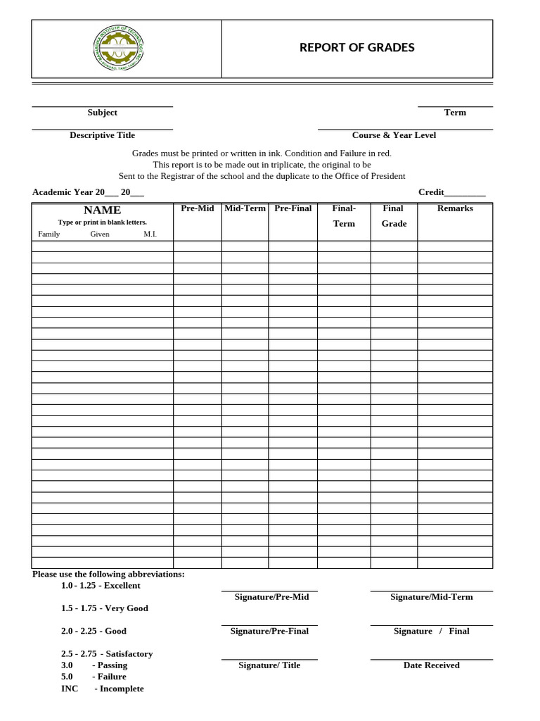 Report of Grades Template | PDF