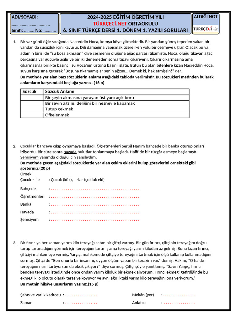 2024 2025 Egitim Ogretim Yili Turkce Dersi 6. Sinif 1. Donem 1. Yazili MEB Yayinlari Sinav 1 ...