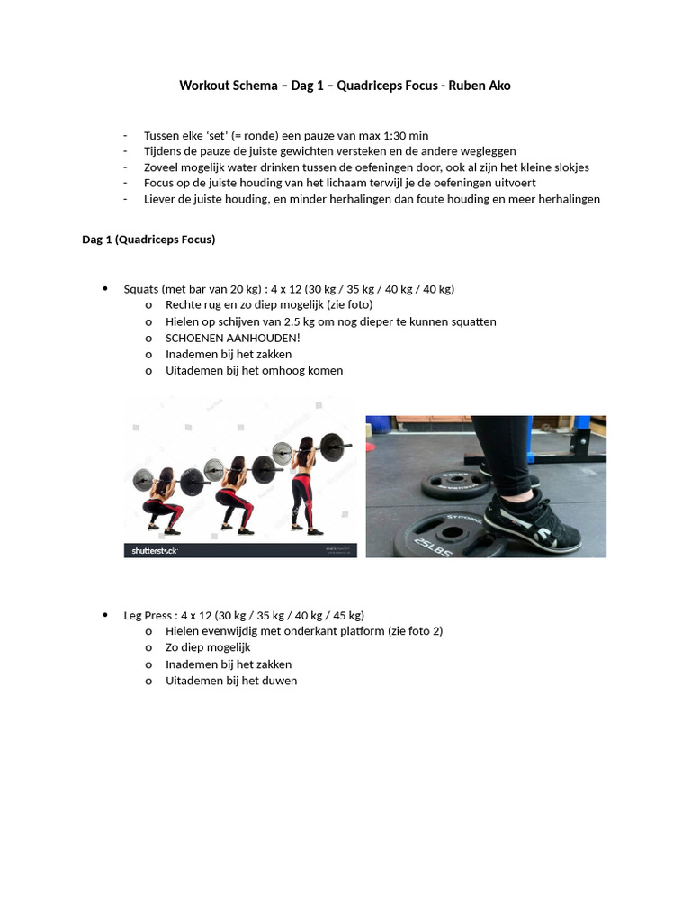 Workout Schema - Dag 1 - Quadriceps Focus - Ruben Ako | PDF