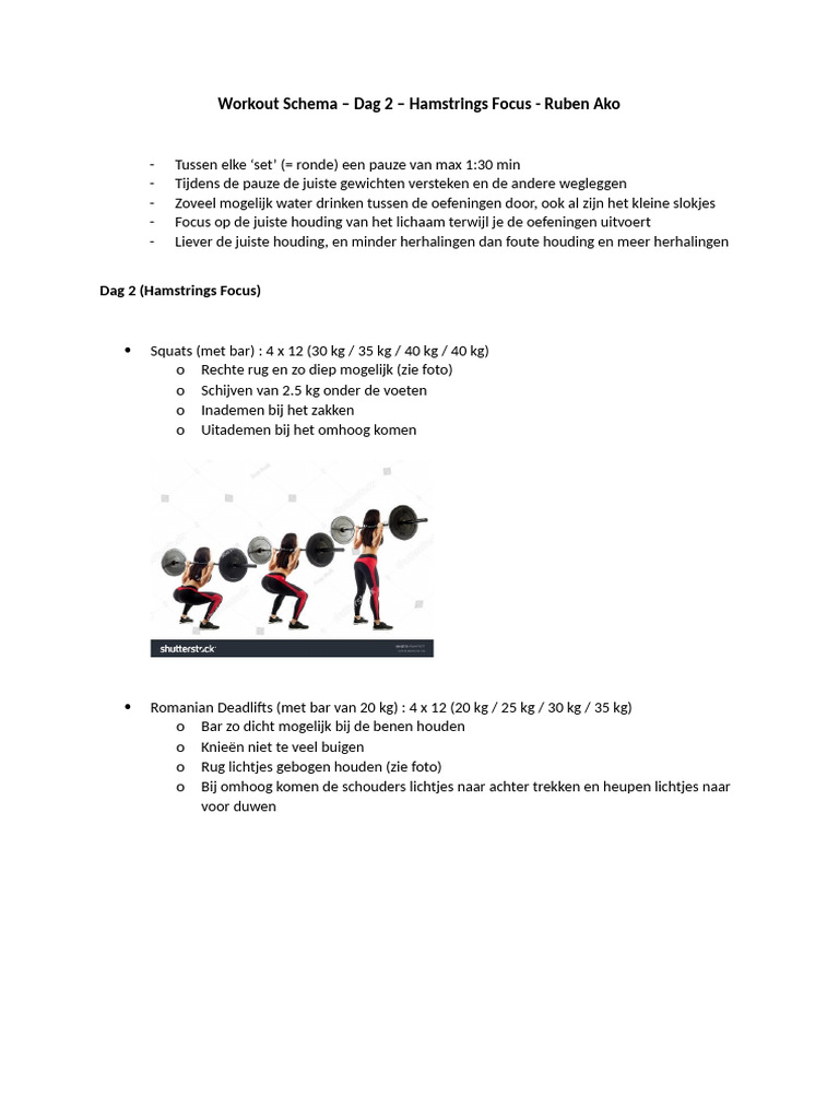 Workout Schema - Dag 2 - Hamstrings Focus - Ruben Ako | PDF