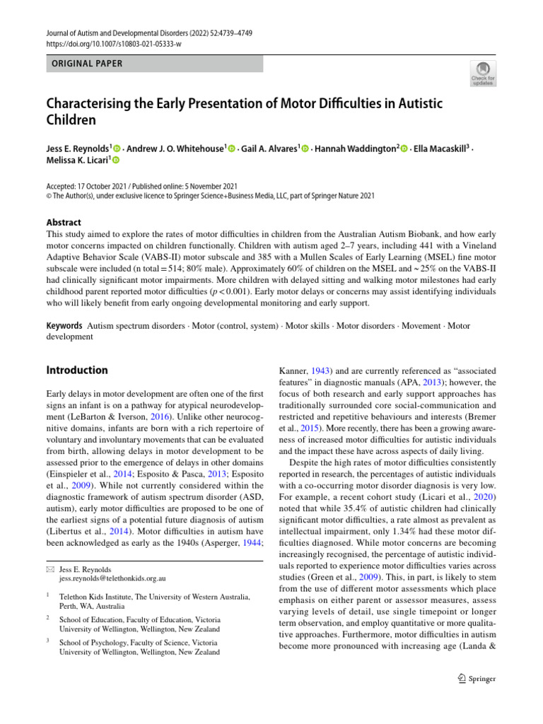 Early Motor Difficulties in Autistic Kids | PDF | Autism Spectrum ...