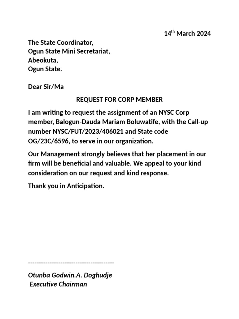 Request for NYSC Corp Member Assignment | PDF