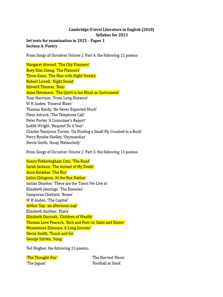 Cambridge O Level - Literature in English | PDF | Poetry | Poets