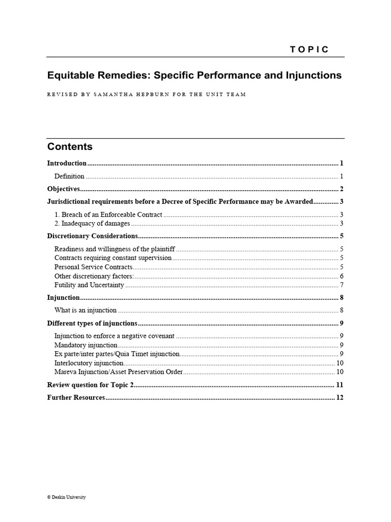 MLP405 Topic 2.2 Injunctions and Specific Performance Study Guide | PDF | Breach Of Contract ...