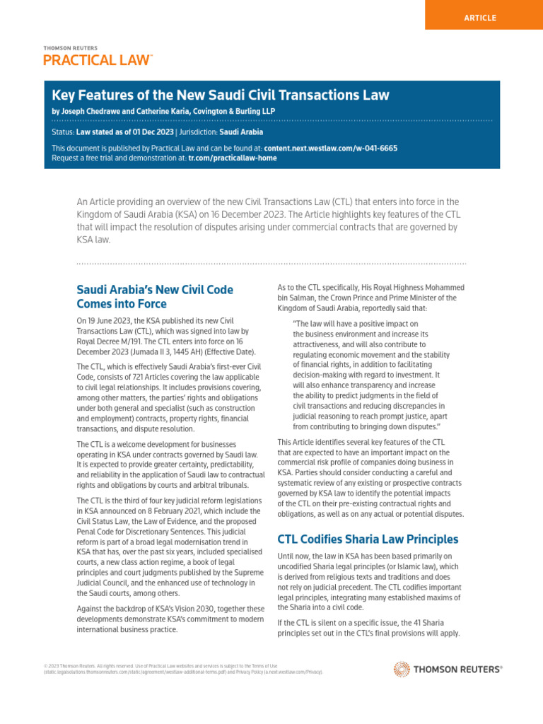 Key Features of The New Saudi Civil Transactions Law | PDF | Damages | Sharia