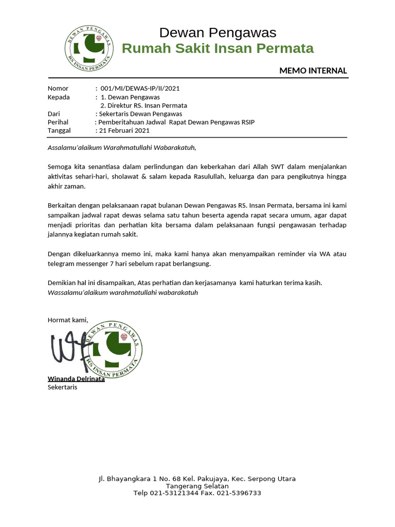 Memo Undangan Rapat Dewas RSIP 2021 | PDF
