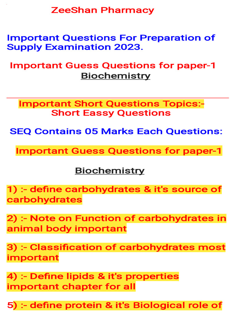 Biochemistry Important Questions (For Preparation of Supplement ...