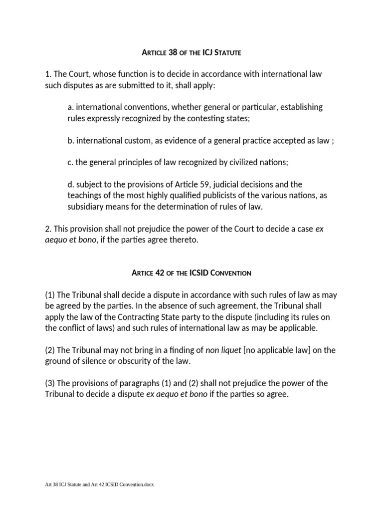 Art 38 ICJ Statute and Art 42 ICSID Convention | PDF