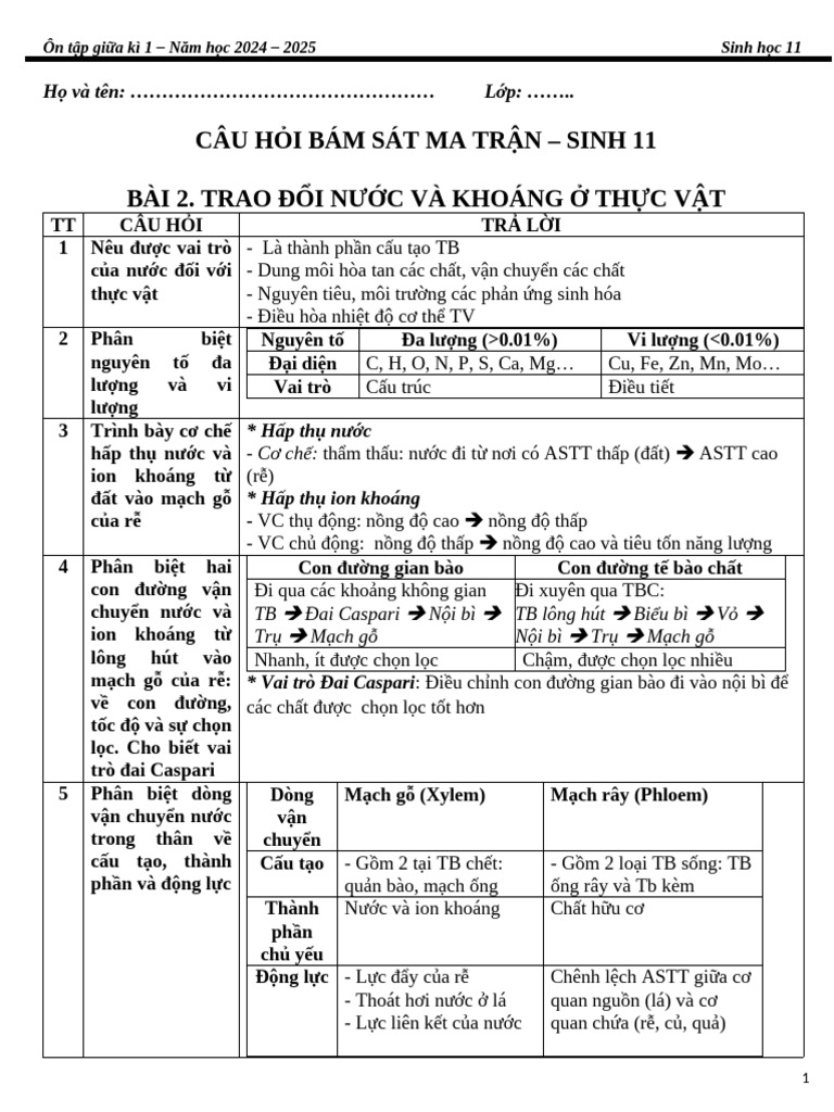 2. Đáp Án Câu Hỏi Gk1 - Sinh 11 | PDF