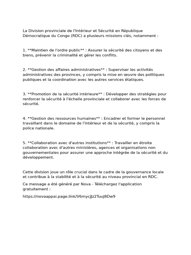 Missions de la Division Intérieur RDC | PDF