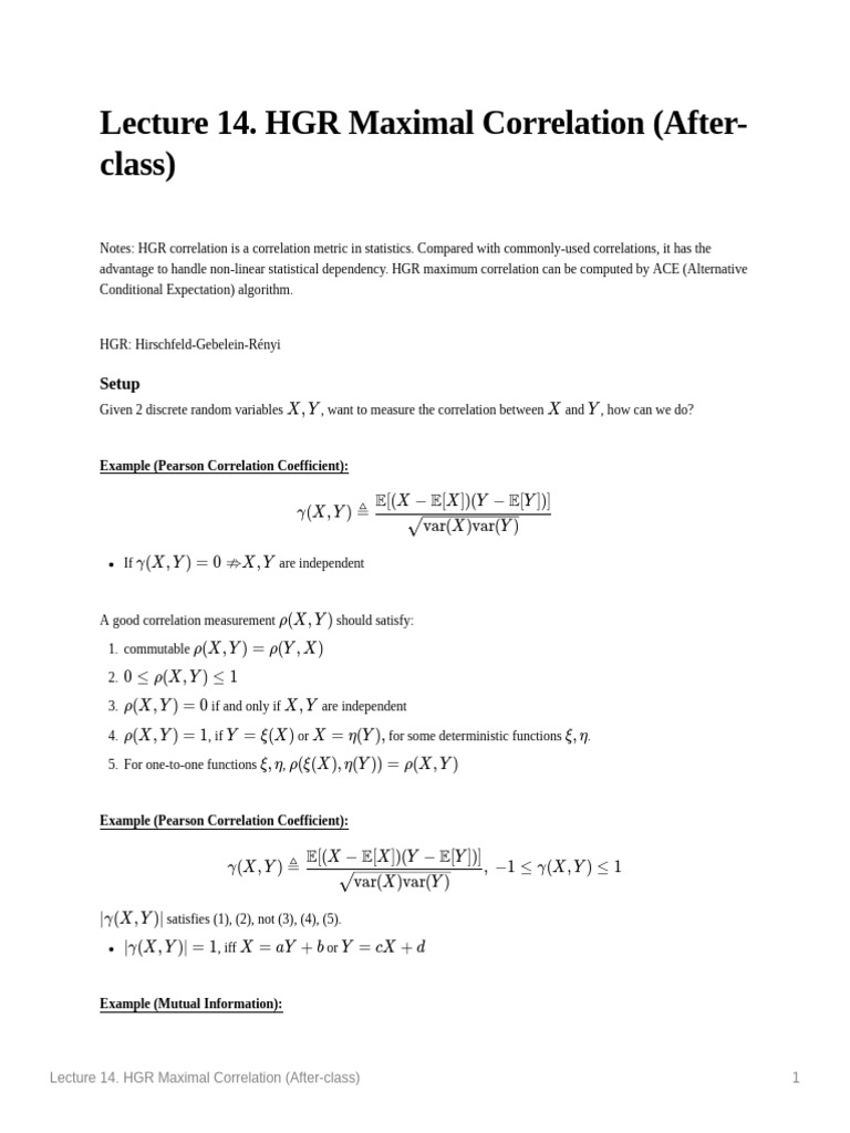 Lecture 14. HGR Maximal Correlation (After-Class) | PDF | Statistical ... Lecture 14. HGR Maximal Correlation (After-Class) | PDF | Statistical ...