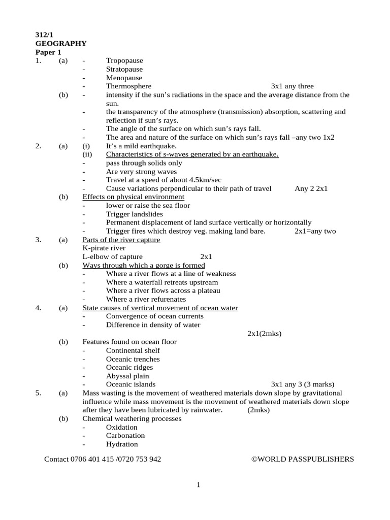 Geography Paper 1 Marking Scheme | PDF | Rock (Geology) | Desert
