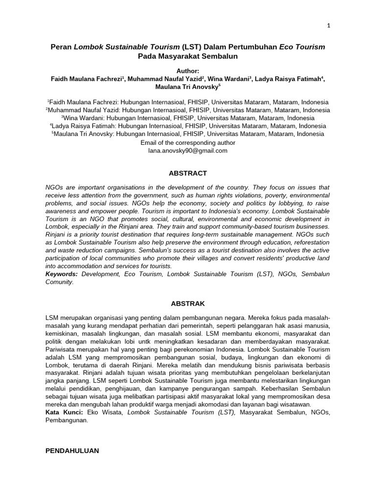 Kelompok 4 - Peran NGO Lombok Sustainable Tourism (LST) Dalam Pertumbuhan Eco Tourism Pada ...