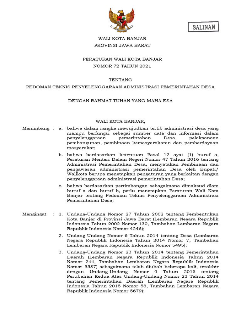 Perwal Nomor 72 Tahun 2021 TTG Administrasi Desa | PDF