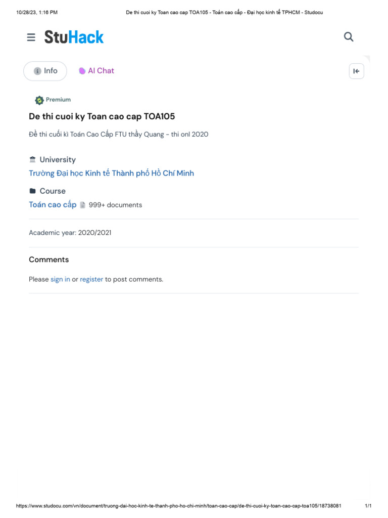 De thi cuoi ky Toan cao cap TOA105 - Toán cao cấp - Đại học kinh tế TPHCM - Studocu | PDF