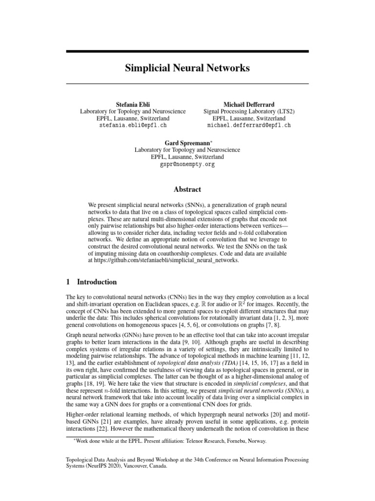 Ebli 等 - 2020 - Simplicial Neural Networks | PDF | Artificial Neural Network | Mathematical Objects