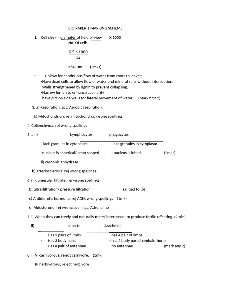 Biology Paper 1 Marking Scheme | PDF | Biological Processes | Cell Biology
