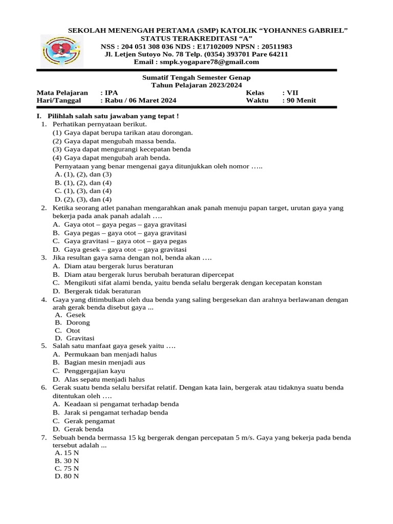 Soal Ipa Sumatif Semester Genap Kelas 7 2024 | PDF | Ilmu Sosial | Sains & Matematika