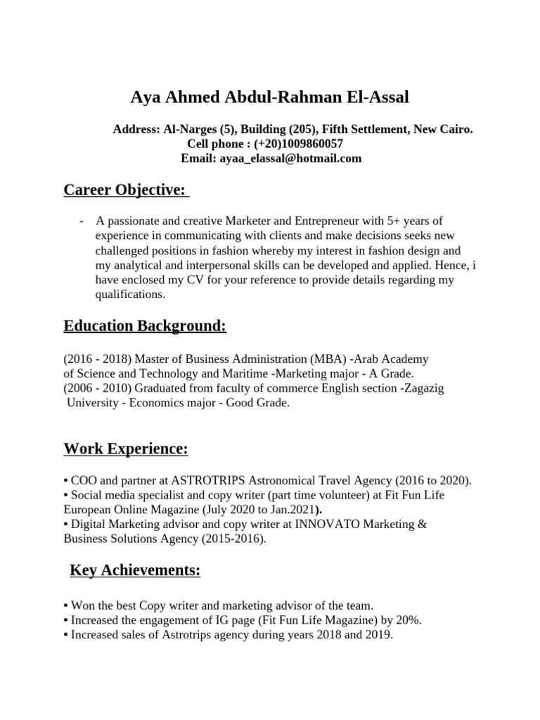 Aya Ahmed ElAssal CV - Doc Fashion | PDF | Human Communication