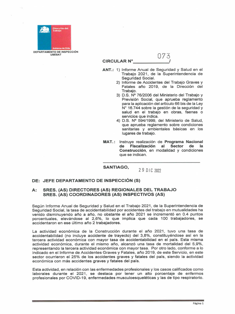 Circular #73 Del 29-12-2022, Instruye Realización de Programa Nacional ...