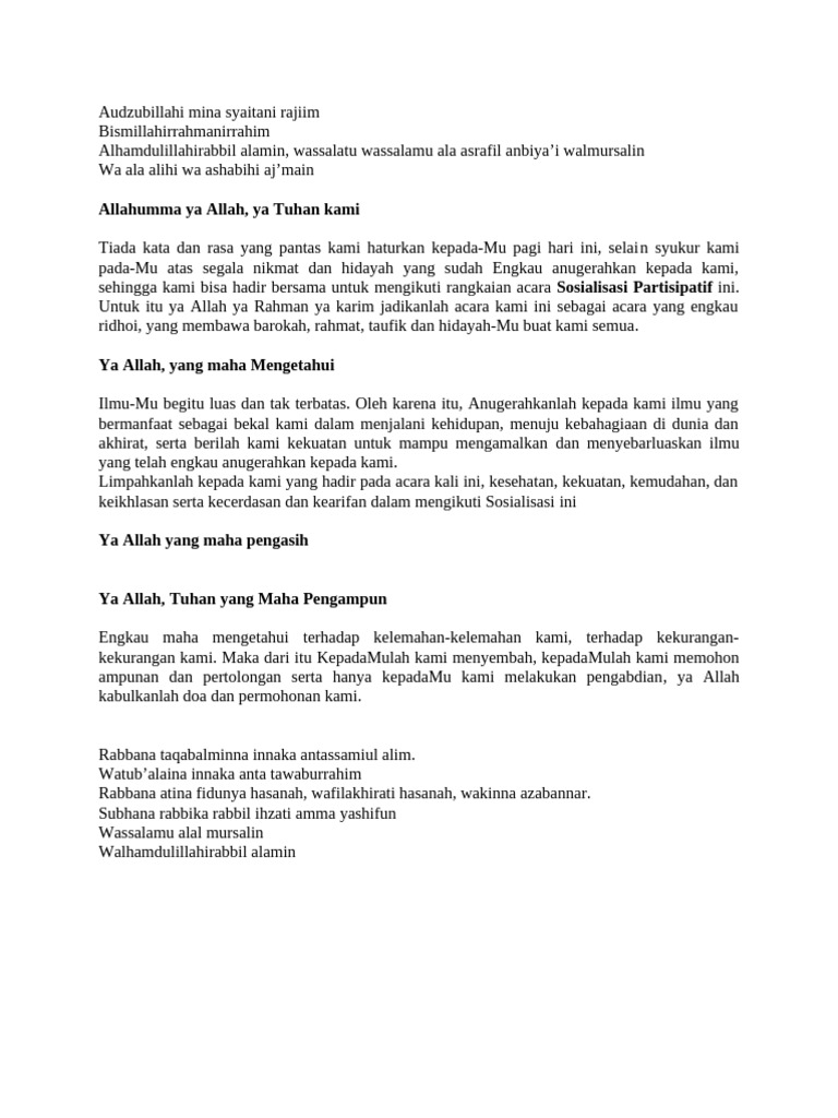 Contoh Doa Kegiatan Sosialisasi | PDF | Agama & Spiritualitas