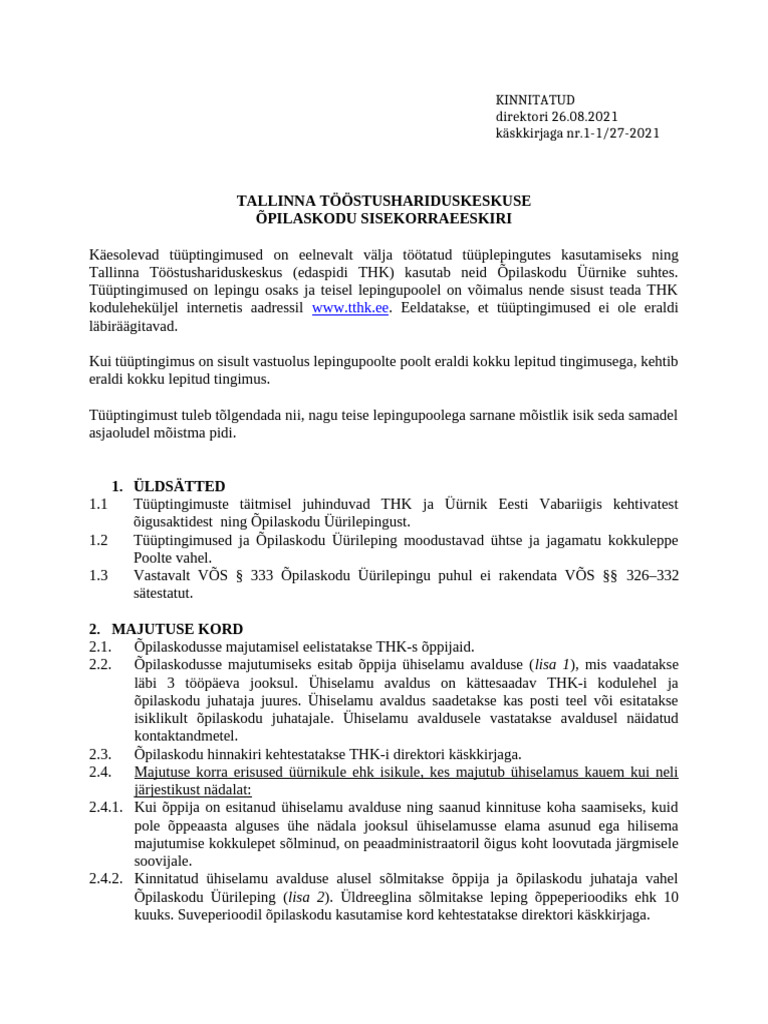 TTHK Opilaskodu Sisekorraeeskiri | PDF