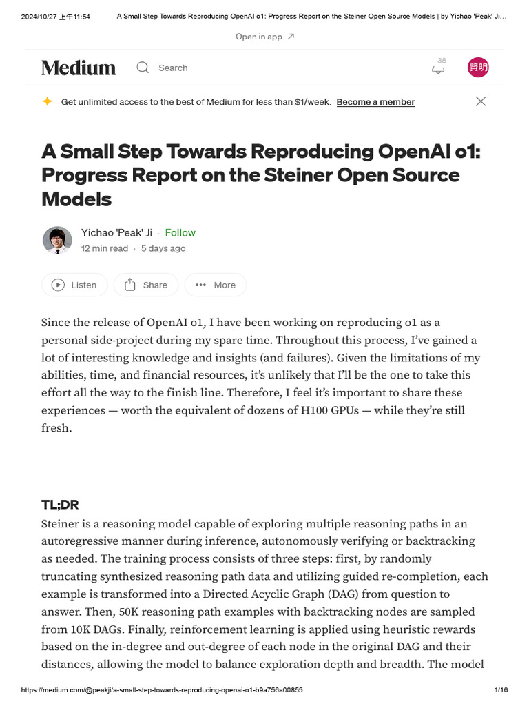 A Small Step Towards Reproducing OpenAI O1 - Progress Report On The Steiner Open Source Models ...