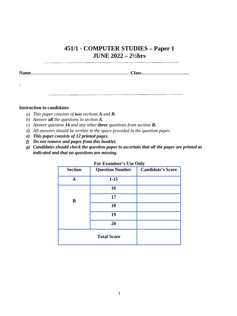 Computer Paper 1 Questions | PDF | Information Technology | Software ...