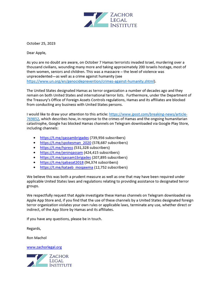 Zachor Legal Letter To Apple | PDF